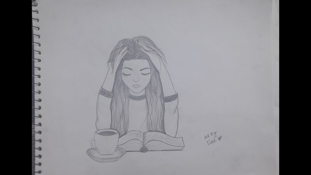 Drawing of A Cute Girl Studying Moment - step by step __ How to draw a ...