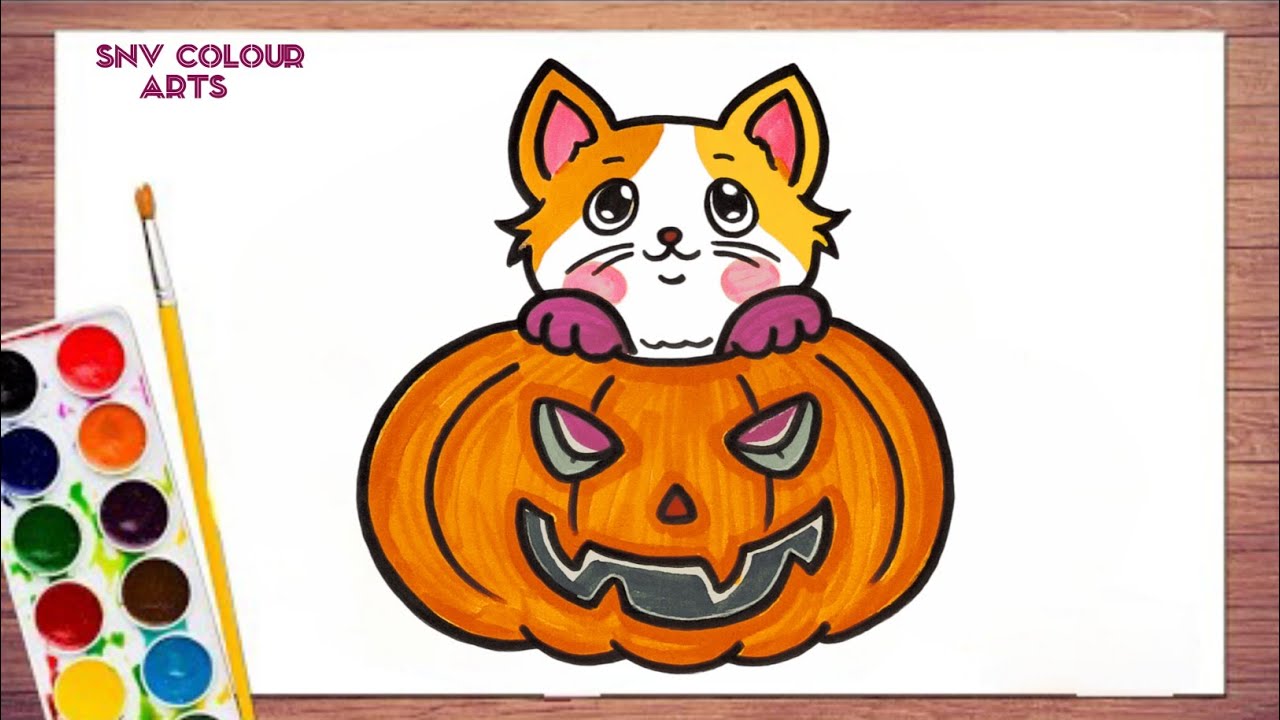 How to draw Halloween Pumpkin Cat Easy step by step || Halloween ...
