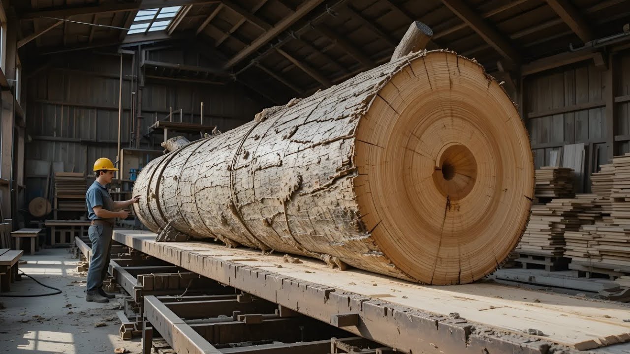 Cutting a Giant Tree Log with Powerful Saw Machine | Sawmill Process in ...