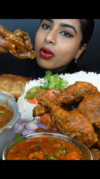 ASMR:Eating spicy whole chicken,mutton, chicken curry,egg curry,Puri,rice,shrimp salad#mukbang# ...