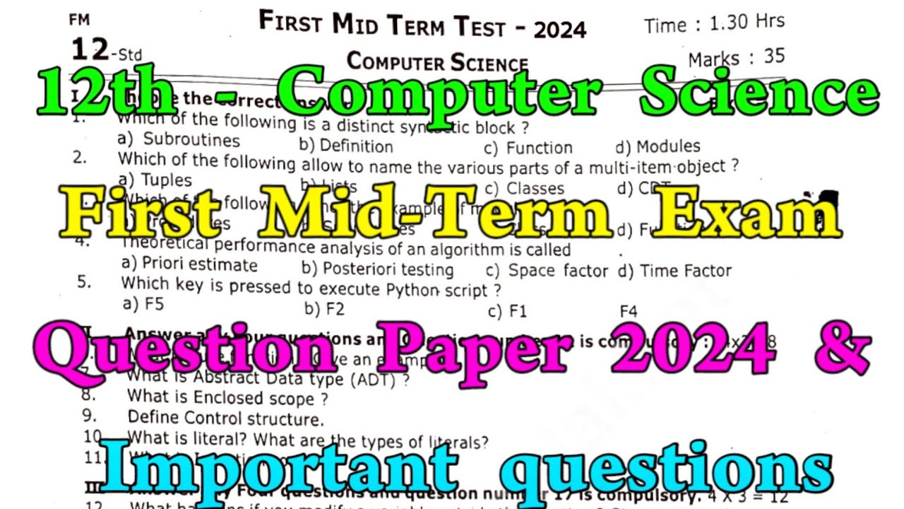 12th Computer Science 1st Mid Term Question paper 2024 | 12th CS First ...