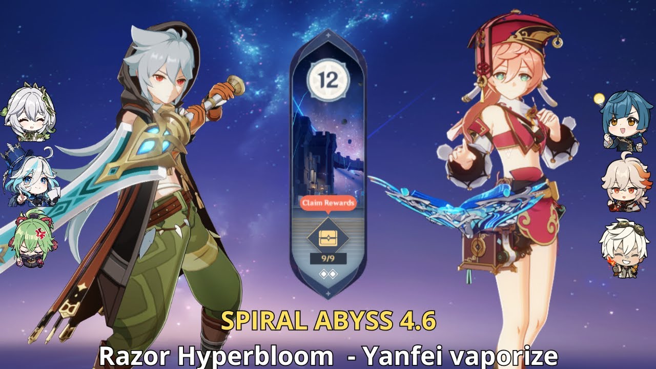C6 Razor hyperbloom - C6 yanfei vaporize - Genshin Impact Abyss 4.6 - floor 12 9 Stars - YouTube