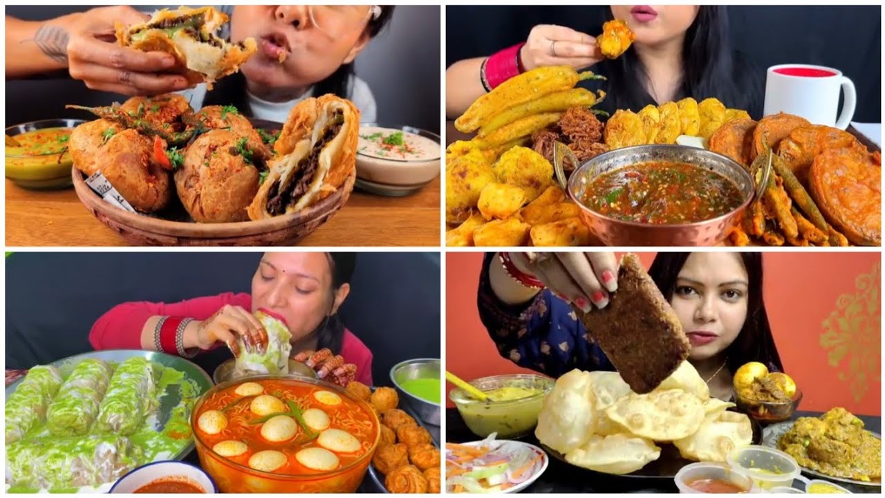 ASMR Eating Soya Keema Kachori, Raw Mango Chatni, Different Tips Pakoda ...