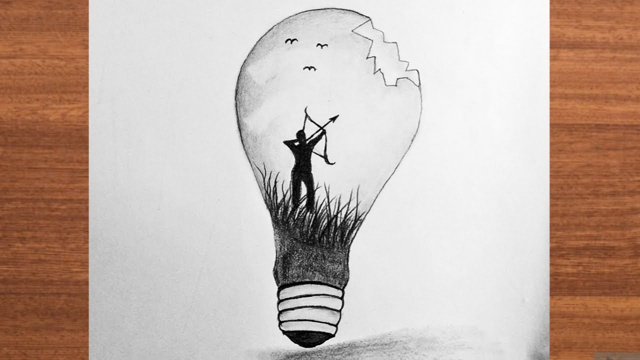 Creative Light Bulb Drawing step by step | Bulb Sketch with bird go ...