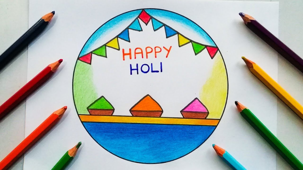 Happy holi drawing | Holi festival drawing | Holi drawing step by step ...