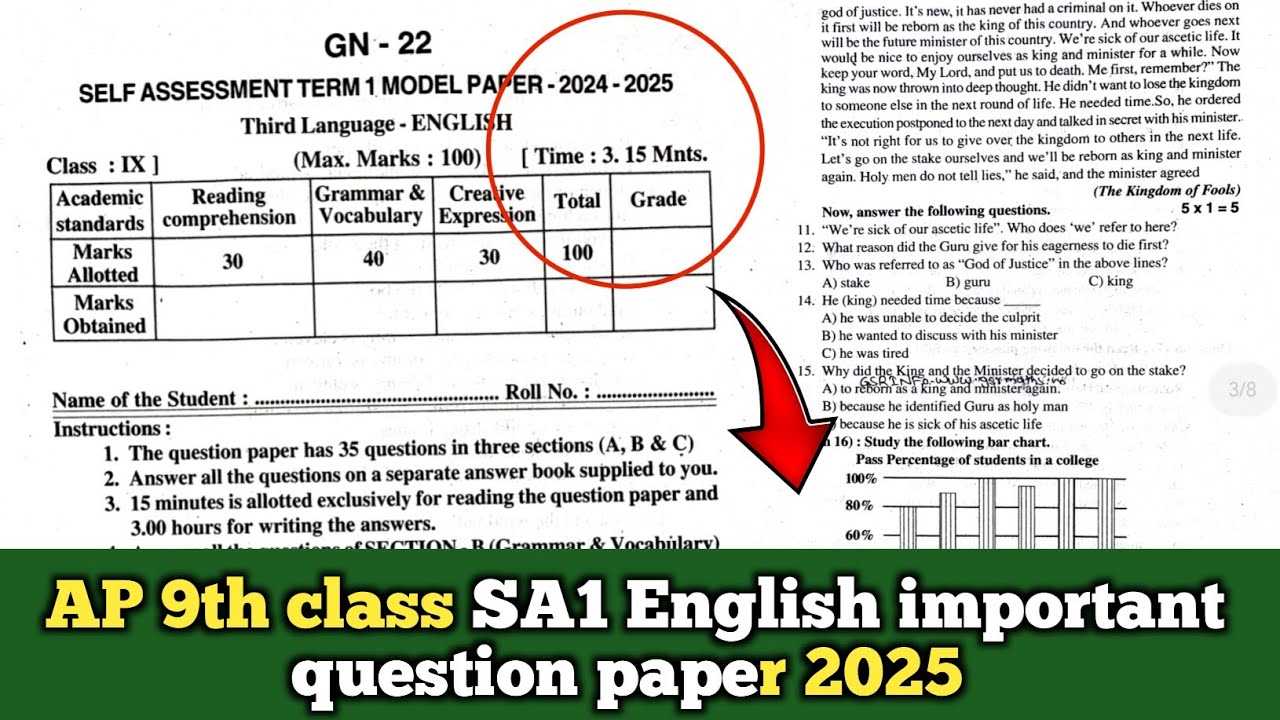 Ap 9th class SA1 English question paper 2025 || 9th English SA1 ...
