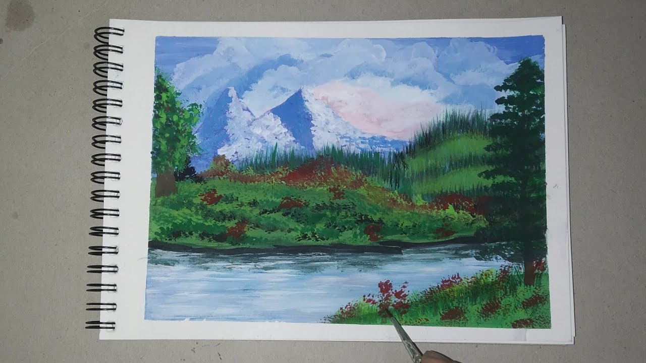 Green Landscape painting || Blue mountain View painting || Nature ...