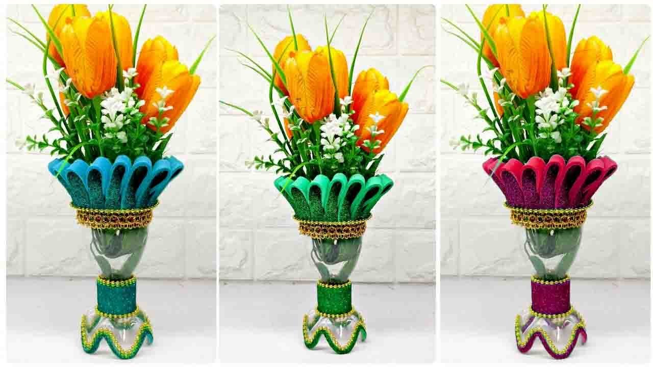 Vas bunga cantik dari botol plastik bekas || Flower vase ideas ...