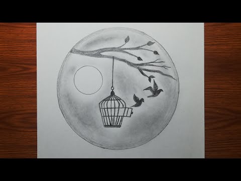 Kolay karakalem manzara çizimi. Daire içine karakalem kafesten özgürlüğe uçan kuş çizimi.
