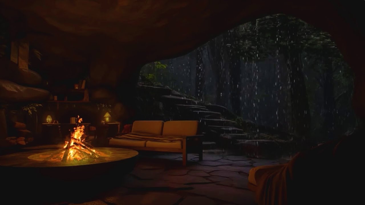 Cozy Rainy Cave 🌧️ Bonfire & Thunder Sounds for Deep Sleep, Relaxation ...