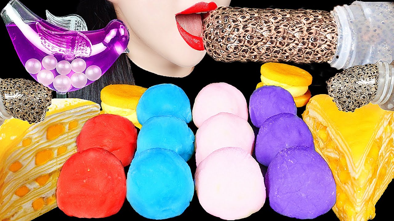 ASMR RAINBOW DESSERT MOCHI, CREPE CAKE FROG EGG HONEY JELLY BOBA TEA ...