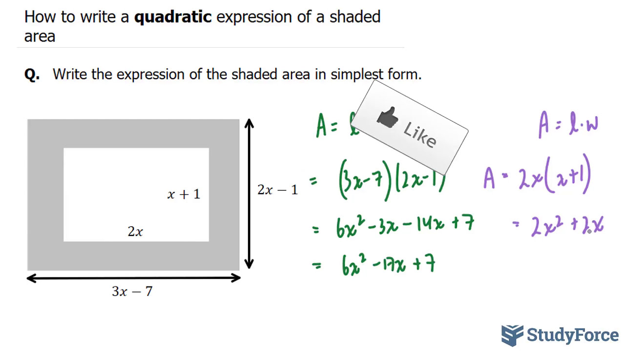 Write a quadratic expression of a shaded area - YouTube
