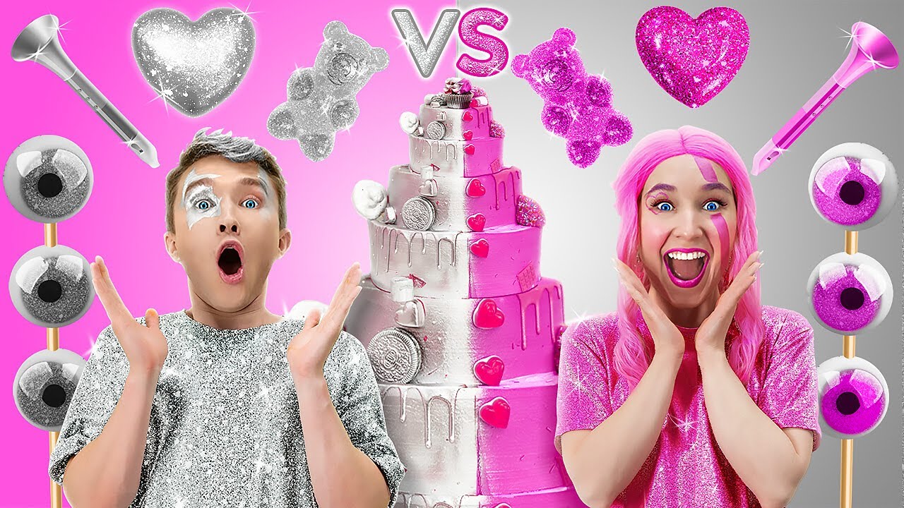 PINK VS SILVER FOOD CHALLENGE || Eating Only 1 Color Cake Challenge by ...
