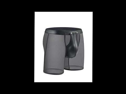 Sexy Men's Long Leg Boxer Briefs Mesh Faux Leather Underwear Pouch Opened Button Trunks Underpants