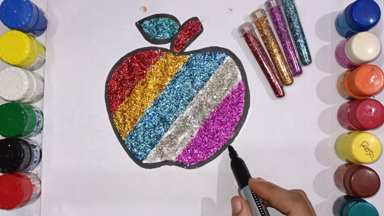 How to draw colour and glittering rainbow Apple | Rainbow glitter apple ...