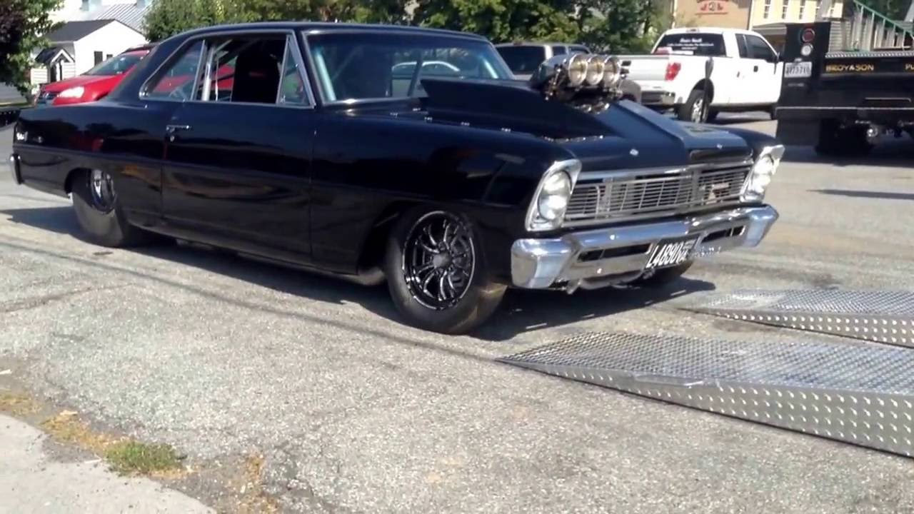 Bad Blown 555 CI 66 Nova Drag Car start up - YouTube