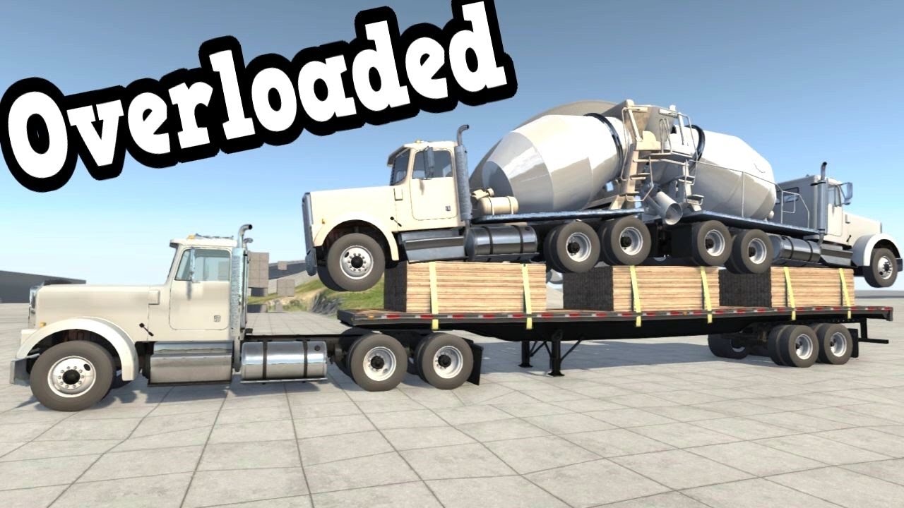 BeamNG Drive - Overloaded Semi Truck + Flatbed Trailer - YouTube