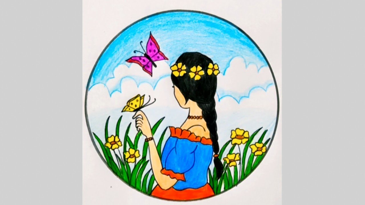 Girl scenery drawing with flower garden//Beautiful scenery drawing step ...