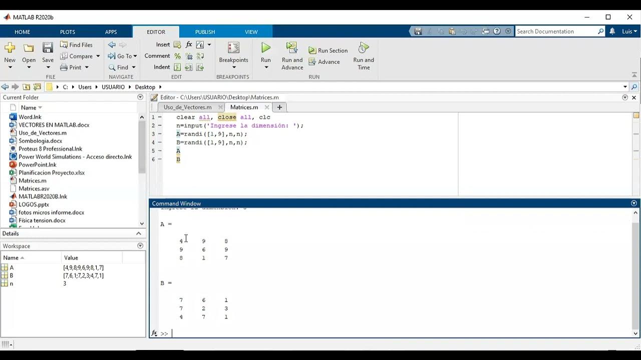 Suma, Resta y Multiplicación de Matríces Generados con números aleatorios en Matlab - YouTube