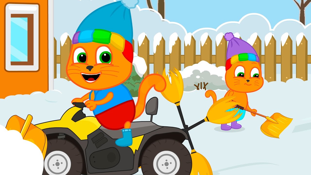 Cats Family in English - The tractor clears snow Cartoon for Kids - YouTube