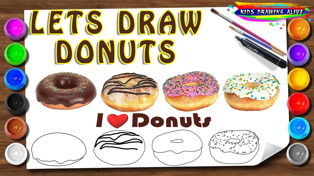 Let's learn how to draw a Donut I Donuts box with 4 donuts I Easy ...
