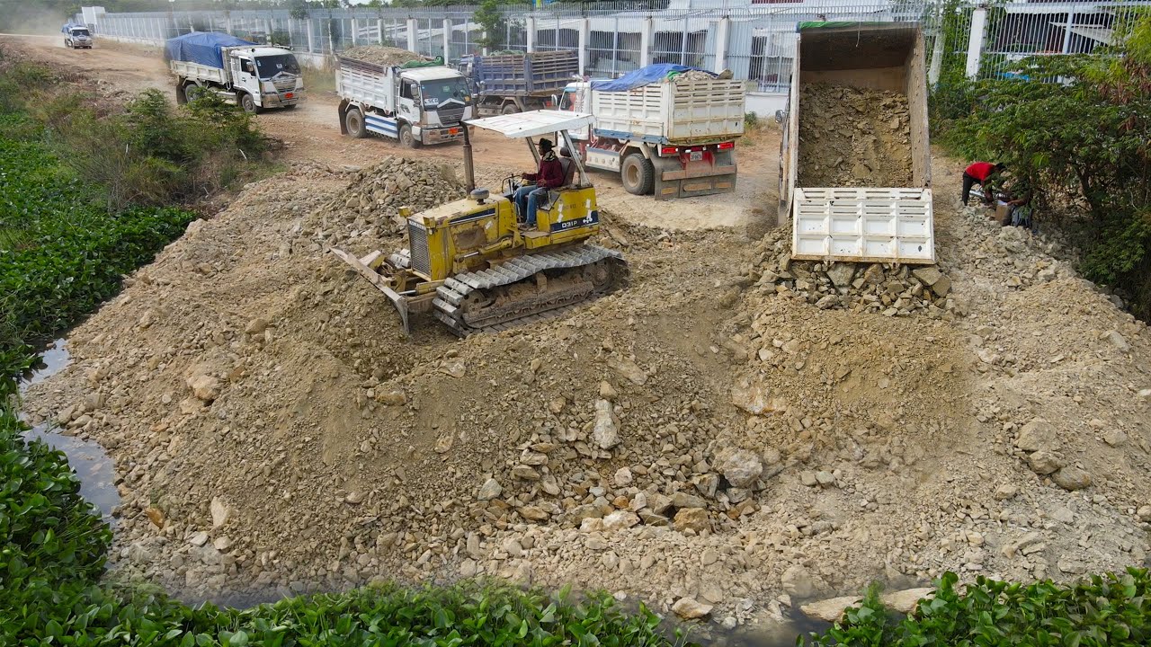 Amazing Construction Mighty Bulldozer Pushing Rock Making Foundation ...