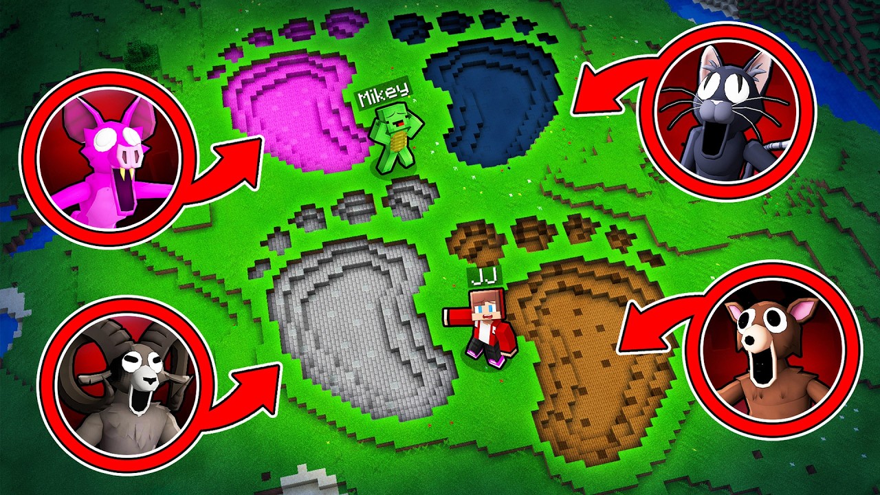 JJ and Mikey Found GIANT ANIMALS FOOTPRINTS in Minecraft - Maizen - YouTube