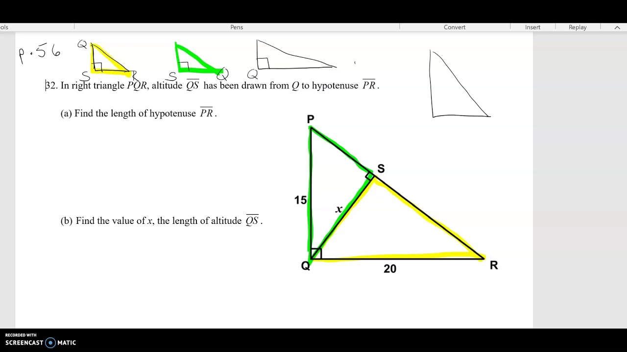 Proportions in a right triangle Unit 9 p 56 #32 - YouTube