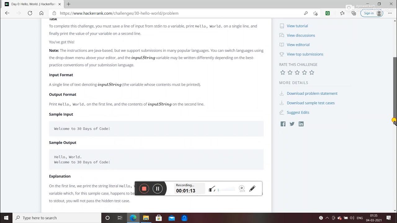 Day 0 of 30 Days code challenge at Hackerrank || hello world in java programming language - YouTube