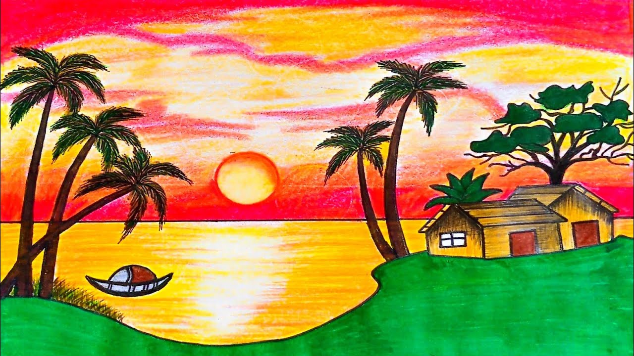 How to Draw Sunset Scenery Drawing | Oil Pastel Scenery step by step ...