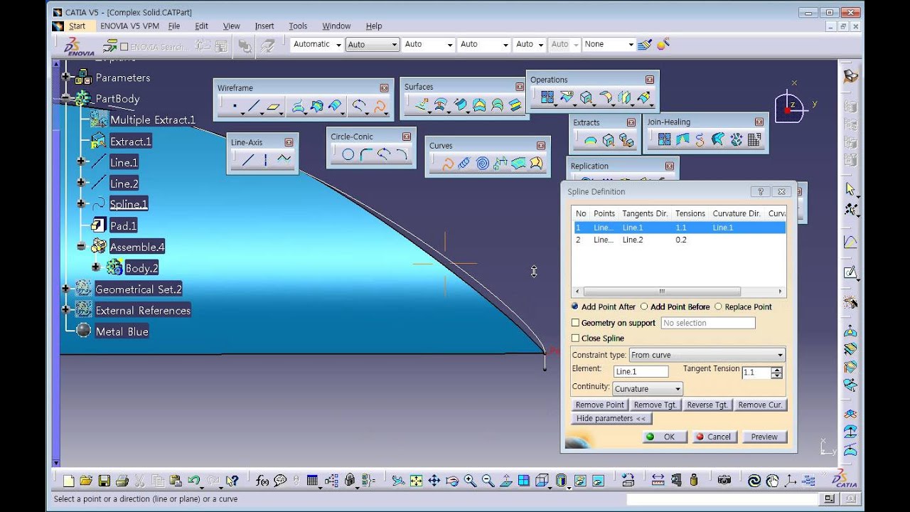 Catia V5R21 대칭형상의 꺽힌 곡선부분을 Spline을 활용하여 수정하는 방법 - YouTube