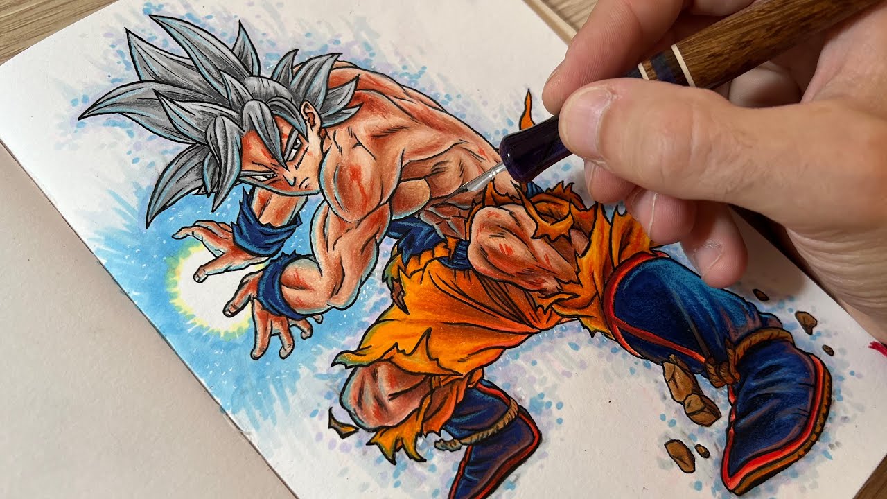 ASMR Drawing of GOKU MUI with Ink and Colored Pencils - YouTube
