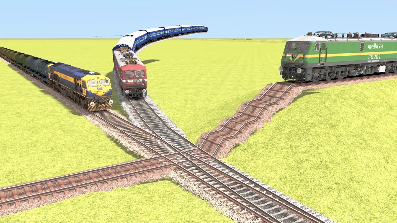WORLD WORST RAILROAD CROSSING : 3 Trains Crossing On Bumpy Railroad ...