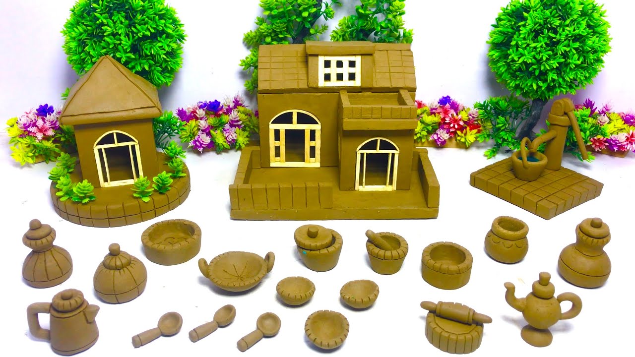 DIY How to make polymer clay miniature house, kitchen set,Bullock cart ...