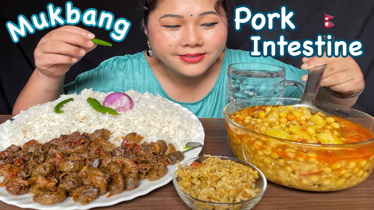 Nepali Food Mukbang | Pork Intestine | Rice | Aloo Matar Ko Tarkari ...