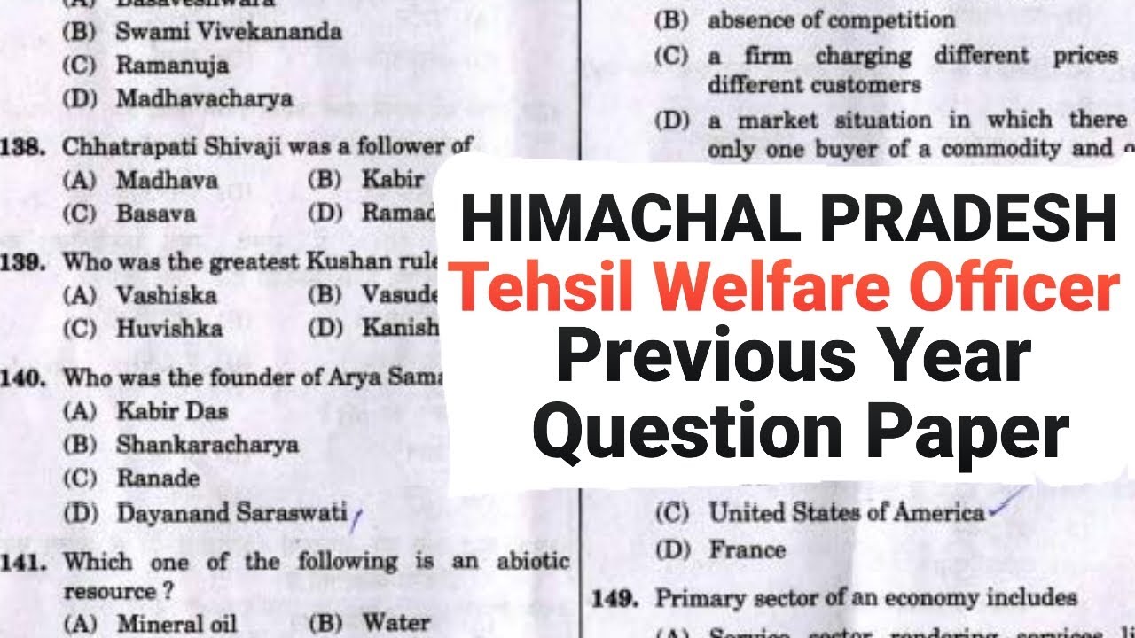 HP NAIB TEHSILDAR, TEHSIL WELFARE OFFICER QUESTION PAPER, PREVIOUS YEAR ...