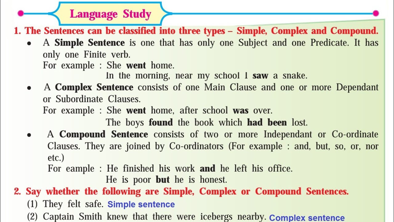 Language Study Simple Sentence Complex Sentence Compound Sentence 8th ...