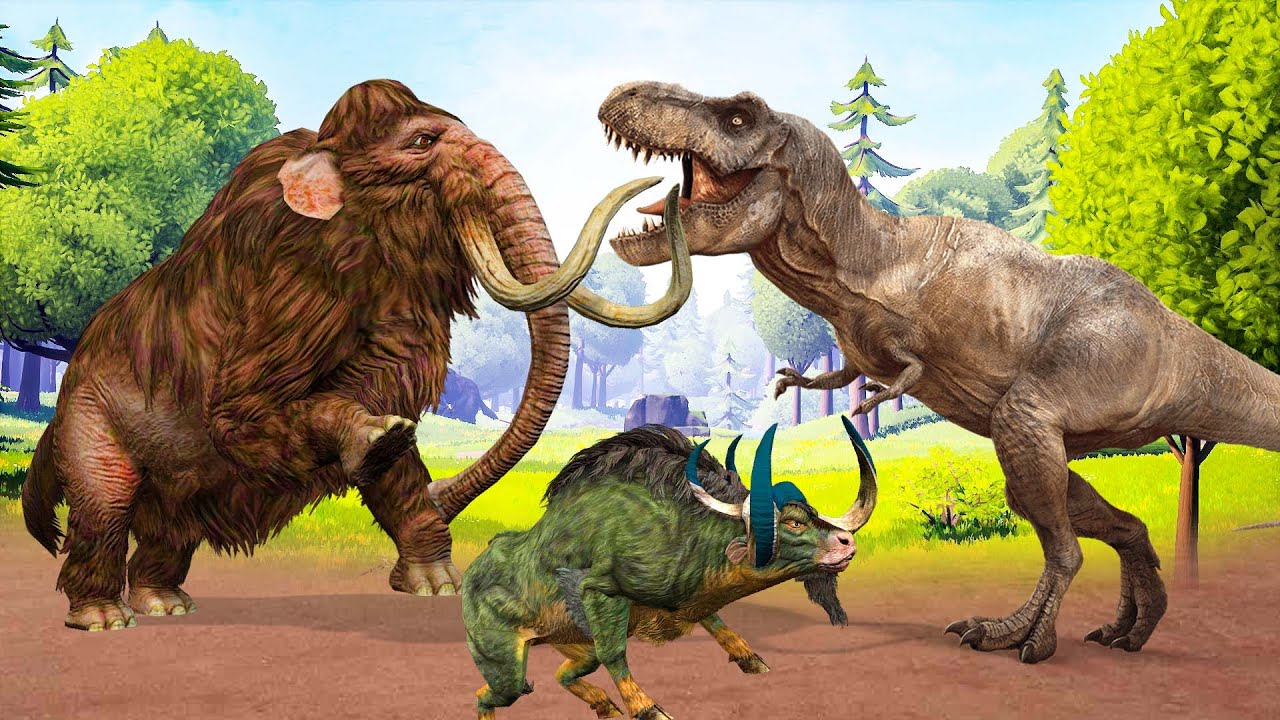 Zombie Dinosaur Vs Elephant Mammoth Fight Cow T-rex Chase Saved Woolly ...