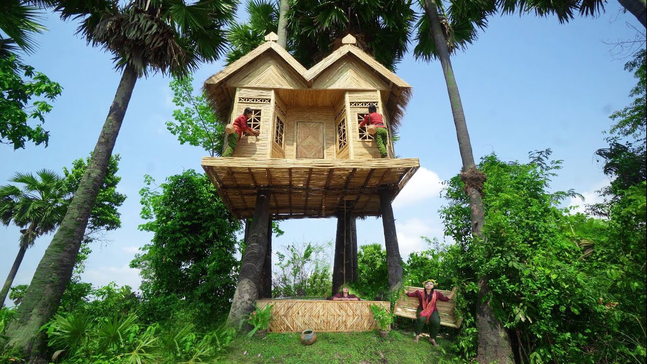 Survival Girl Camping Building a Beautiful Bamboo Tree House with Mini ...