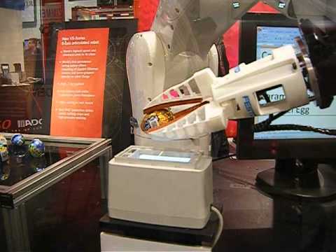 Denso 6 axis robot arm dances around egg CNC 3D printing factory ...