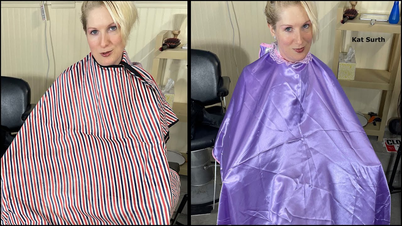 Hubby caping me with my new handmade barber and satin salon capes - YouTube