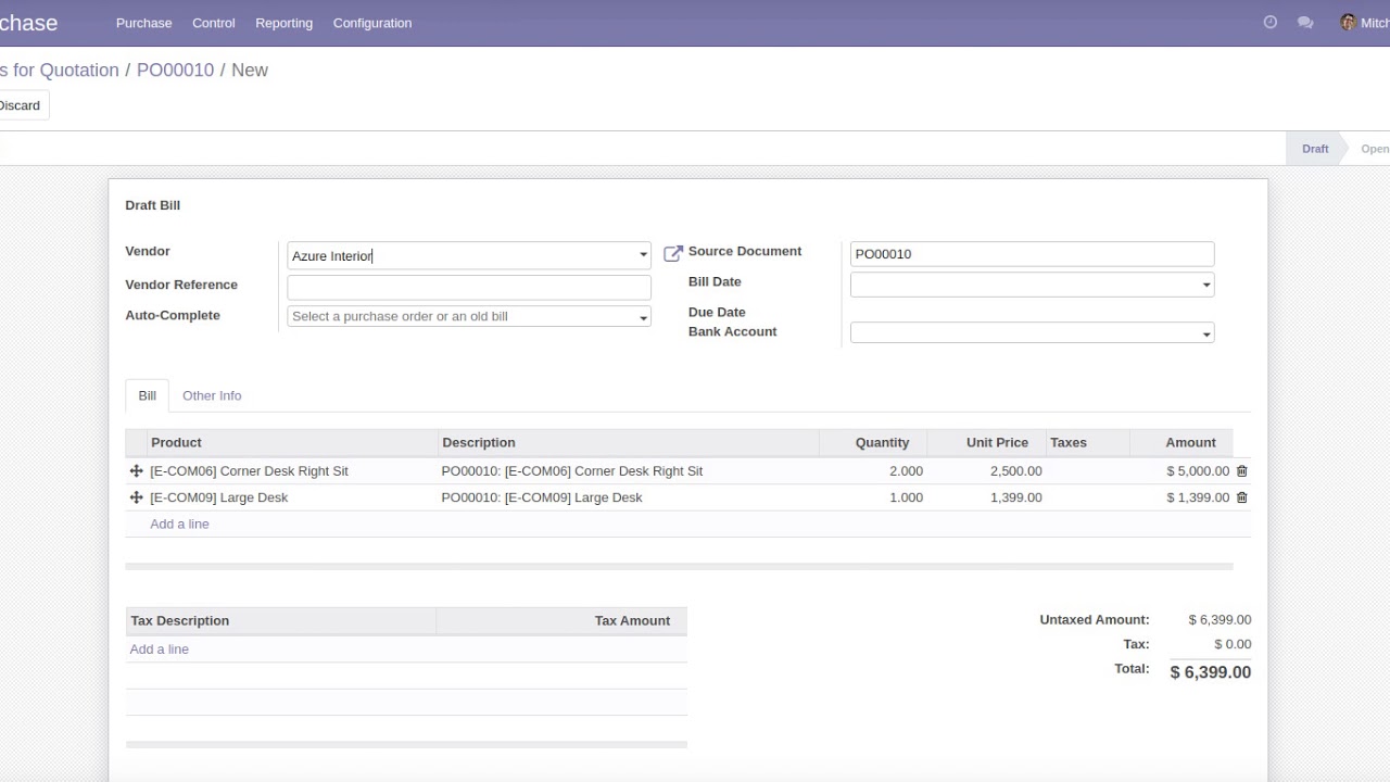 Receipt And Vendor Bill Status In Purchase Order - YouTube