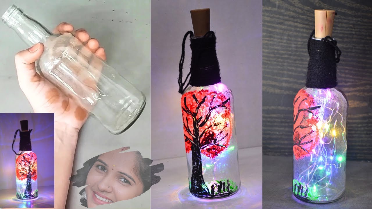 Waste bottle light decoration tutorial | Hand painted glass bottle ...