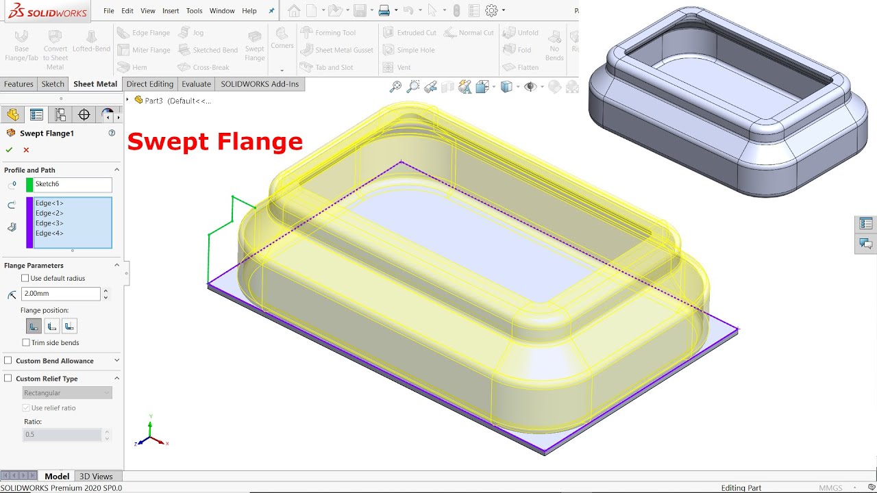 Solidworks sheet metal Swept flange - YouTube