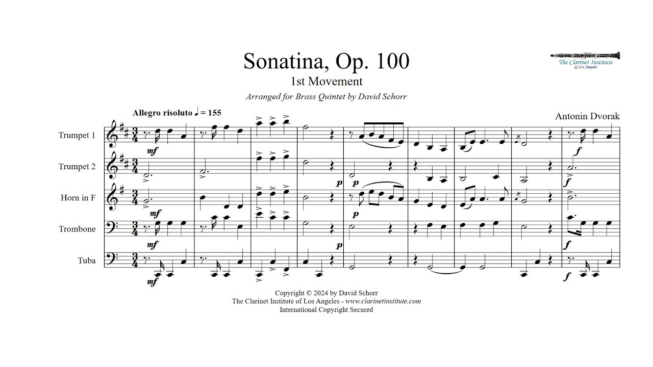 Dvorak Antonin Sonatina Op 100 1st Mvmt Arr For Brass Quintet