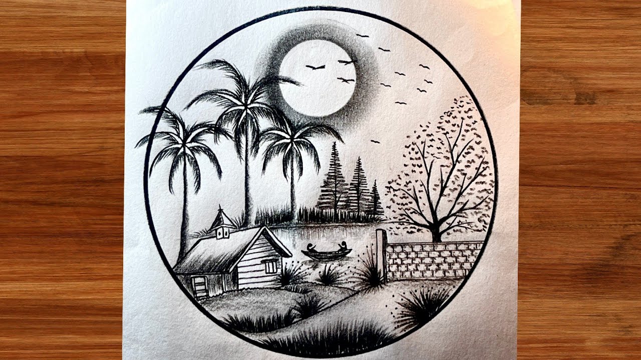 How to draw amazing village view scenery with palm trees - YouTube