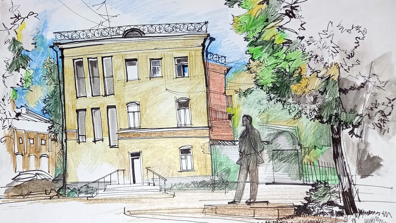 Городская зарисовка Город и люди Акварельные карандаши 08.07.2023 (2 ...