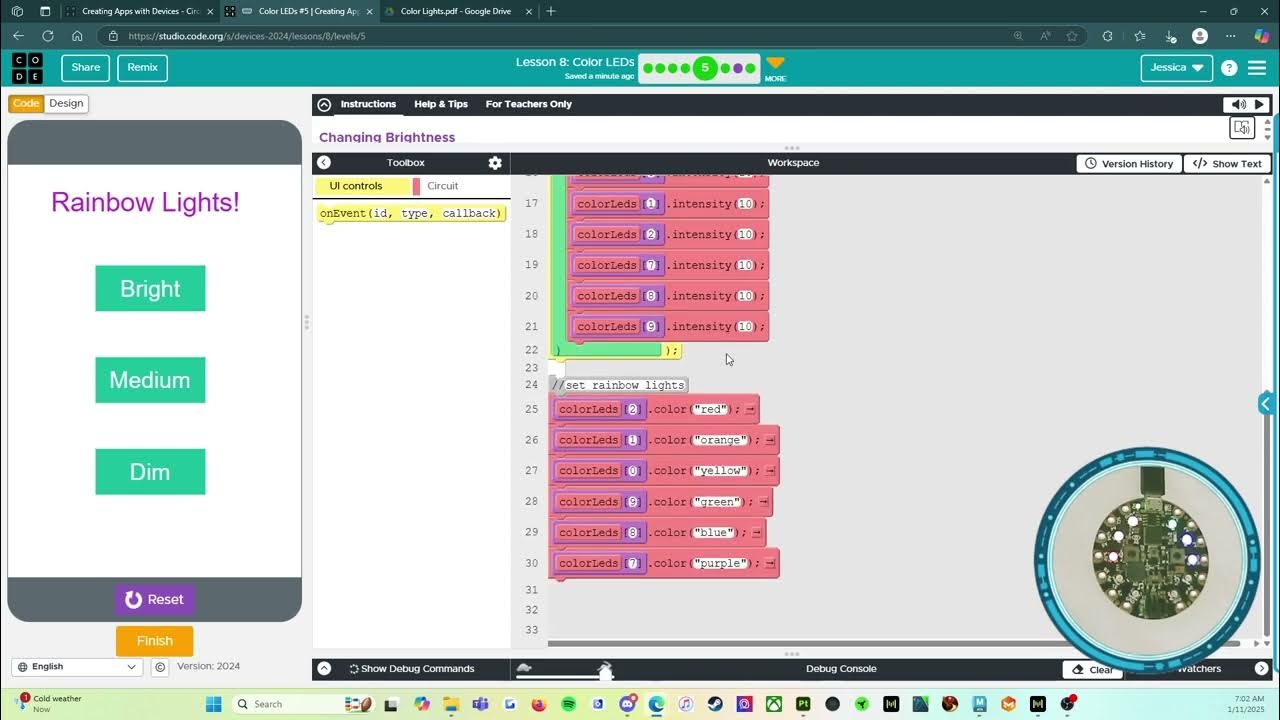 Lesson 8: Color LEDs: Level 5 - Creating Apps with Devices - Circuit Playground - YouTube
