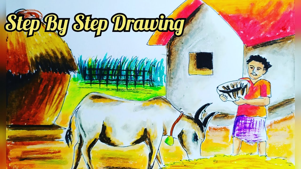 Scenery drawing with oil pastels for competition | how to draw a ...
