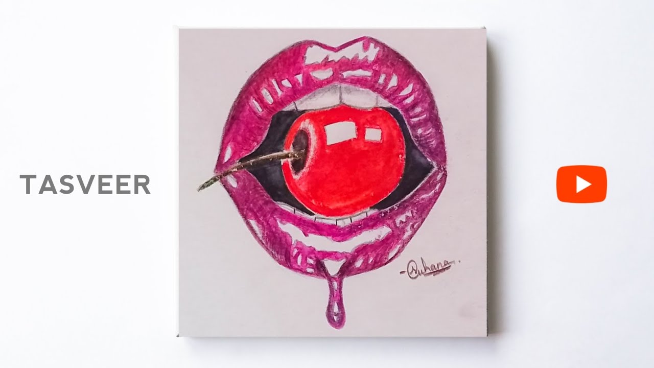 How To Draw Lips || Realistic Glossy Cherry Lips Drawing With Colour ...